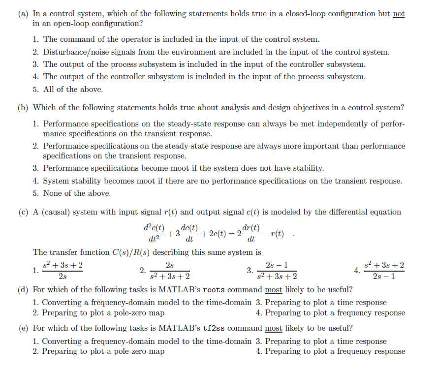 Solved (a) In a control system, which of the following | Chegg.com