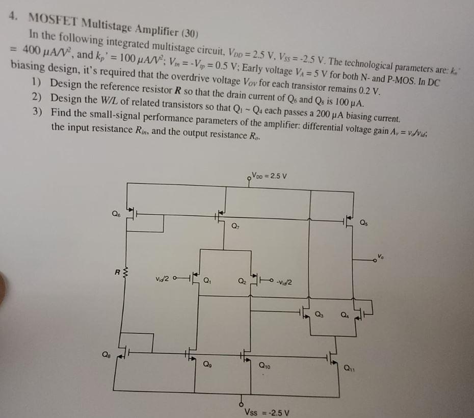 Solved 4. MOSFET Multistage Amplifier (30) In the following | Chegg.com