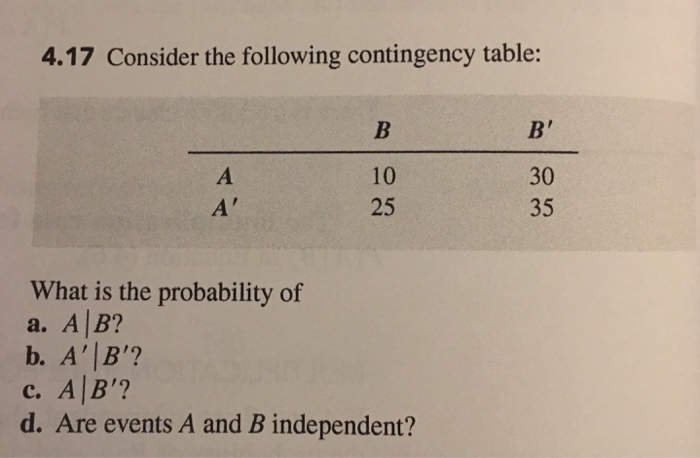 Solved 4.17 Consider the following contingency table: 10 25 | Chegg.com