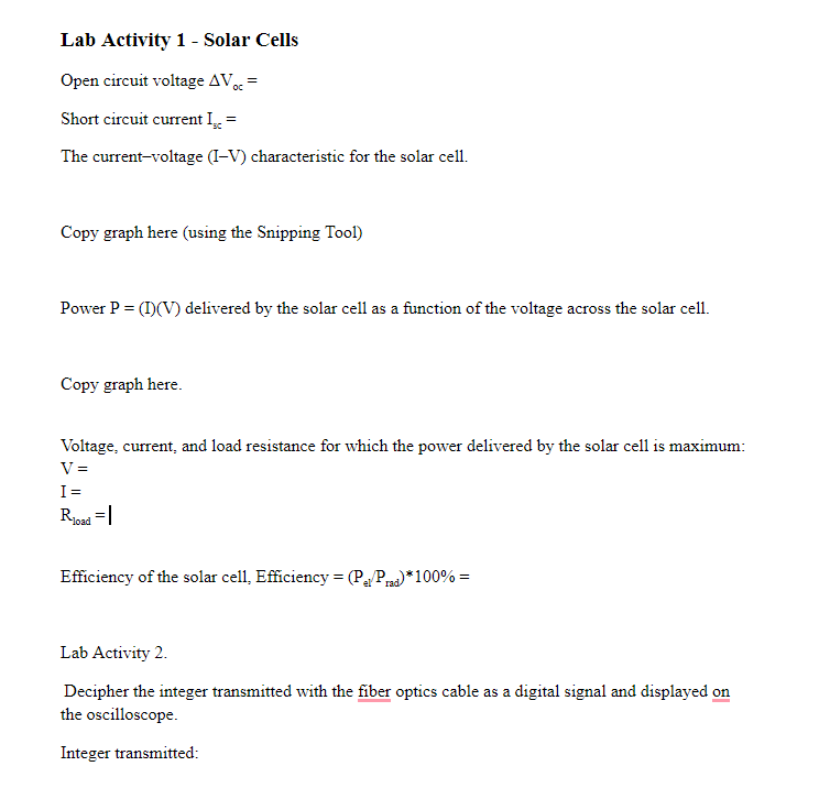 Lab Activity 1 - Solar Cells Open circuit voltage AVC | Chegg.com