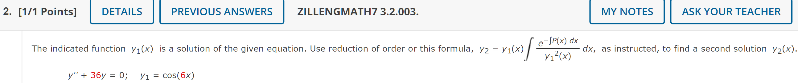 Solved The indicated function y1(x) is a solution of the | Chegg.com