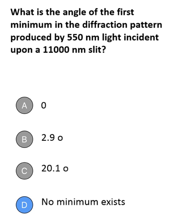 Solved Angle First Minimum Diffraction Pattern Produced 550 Nm Light Incident Upon 11000 Nm