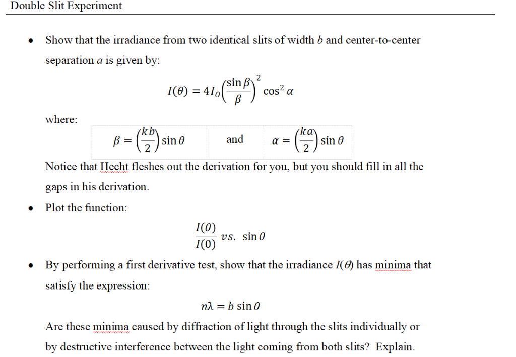 Double Slit Experiment » Show that the irradiance | Chegg.com