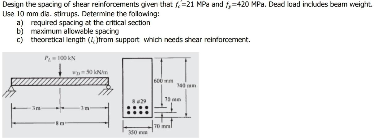 Solved Design the spacing of shear reinforcements given that | Chegg.com