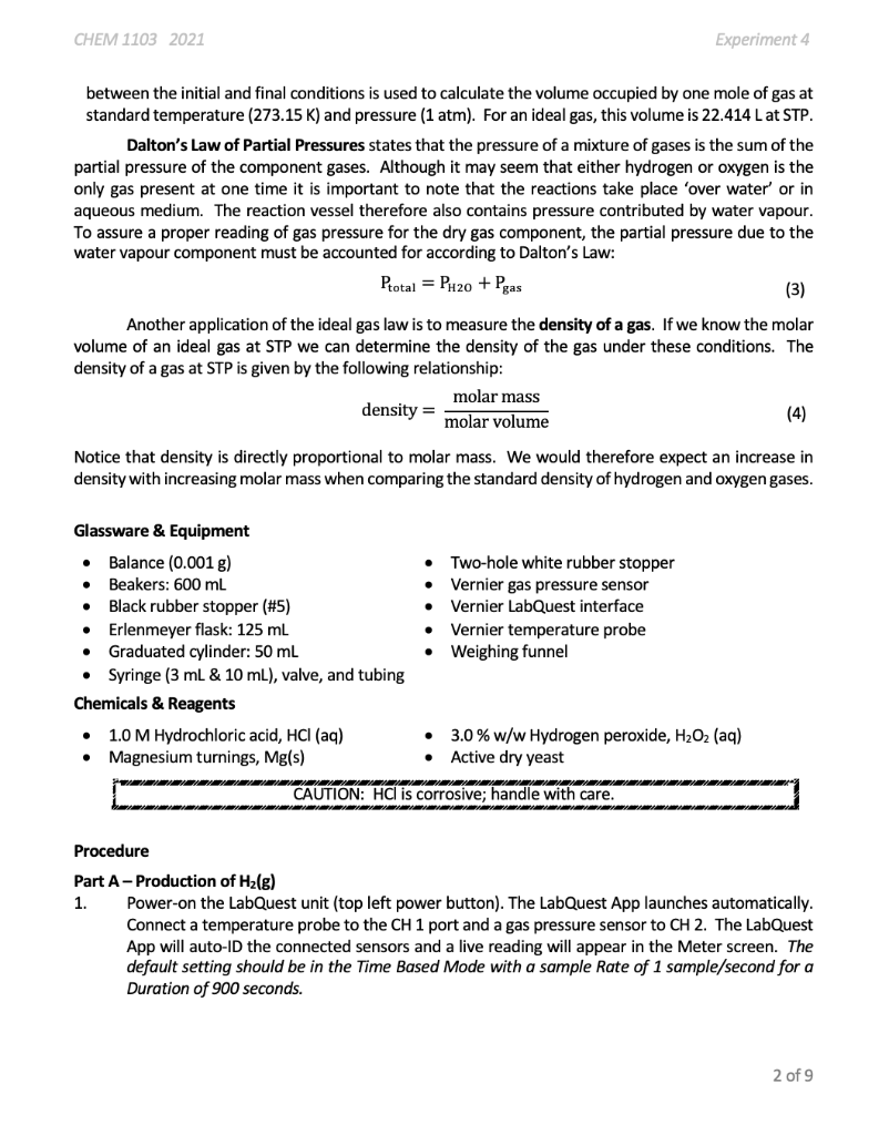 Solved CHEM 1103 2021 Experiment 4 EXPERIMENT 4 Molar Volume | Chegg.com