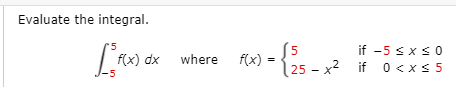 Solved Evaluate the integral. 5 f(x) dx -5 where = {25- 5 if | Chegg.com