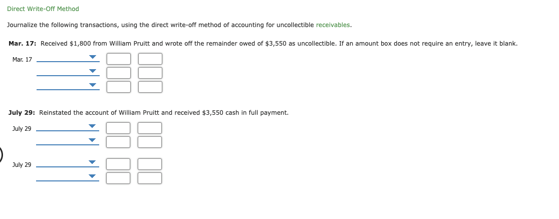 Solved Direct Write-Off Method Journalize the following | Chegg.com