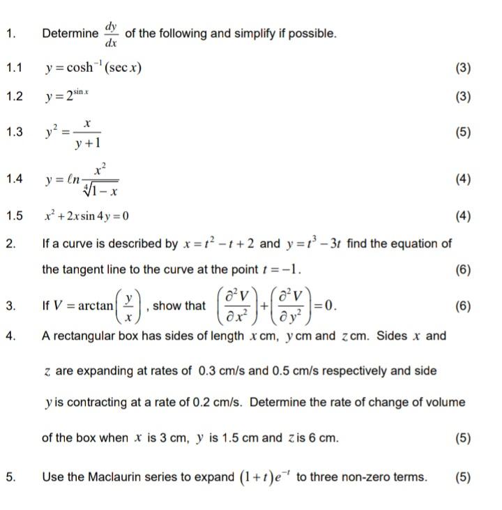 Solved 1. Determine dy of the following and simplify if | Chegg.com