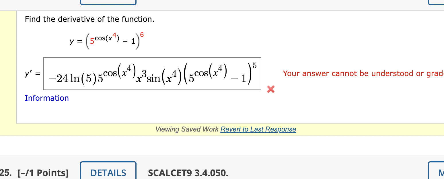 Solved Find the derivative of the function. y=(5cos(x4)−1)6 | Chegg.com