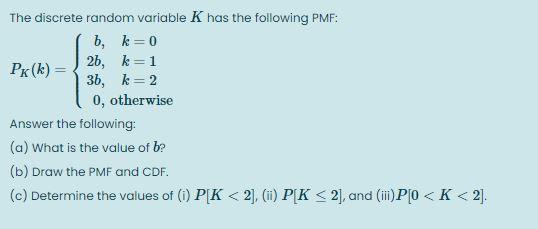 Solved The discrete random variable K has the following PMF: | Chegg.com