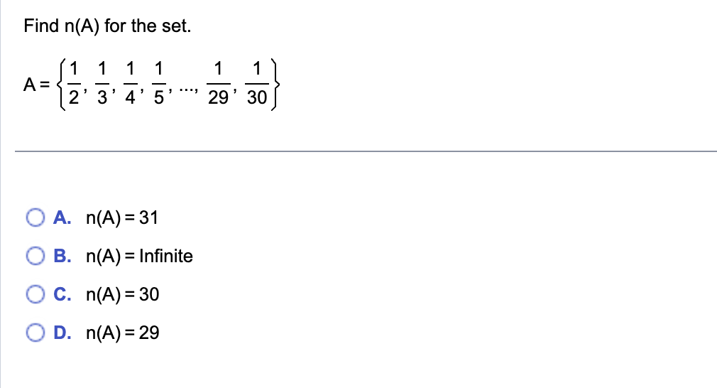 Solved Find n(A) for the set. A={21,31,41,51,…,291,301} A. | Chegg.com