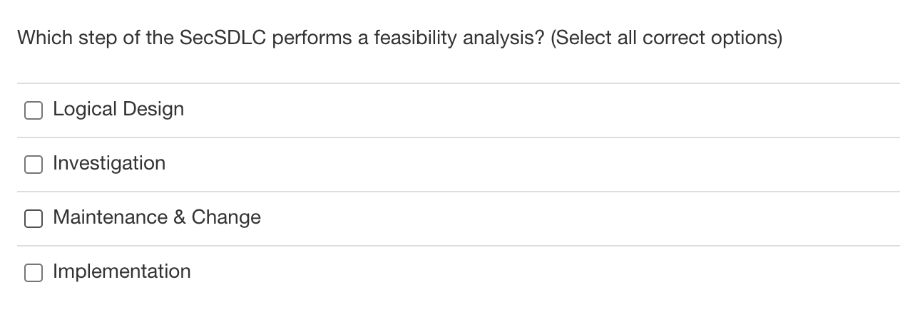 Solved Which step of the SecSDLC performs a feasibility | Chegg.com