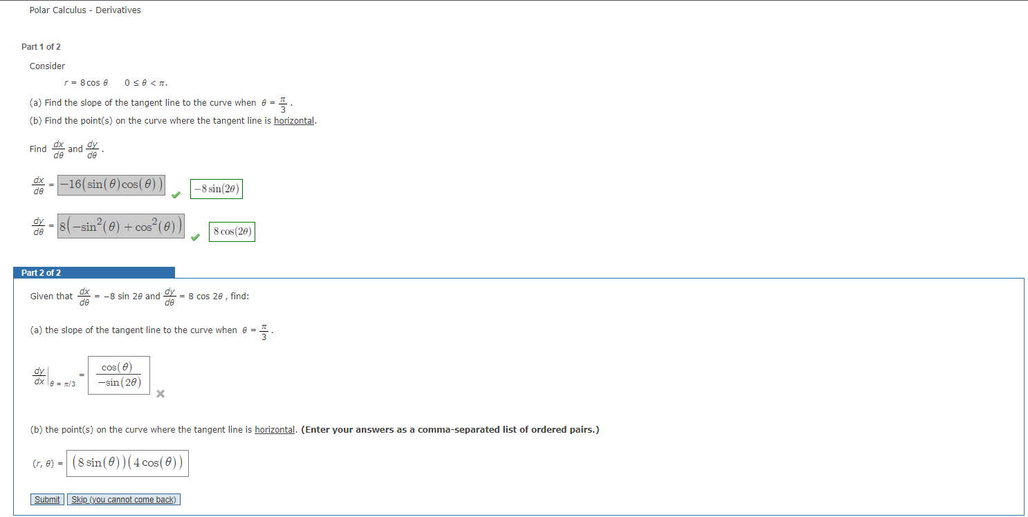 Solved Polar Calculus - ﻿DerivativesPart 1 ﻿of | Chegg.com