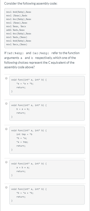 Consider the following assembly code: movi @x8(%ebp), | Chegg.com