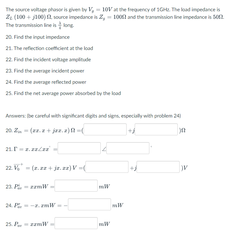 Solved The source voltage phasor is given by Vg=10 V at the | Chegg.com