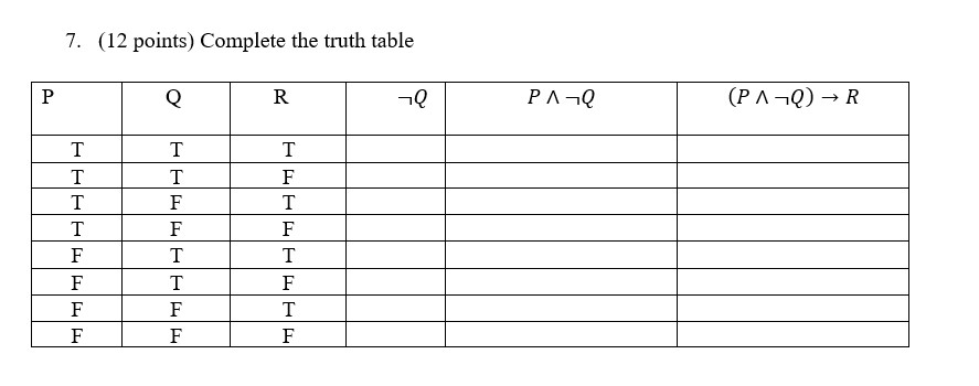 Solved 7. (12 points) Complete the truth table P -Q ΡΛ-Q | Chegg.com
