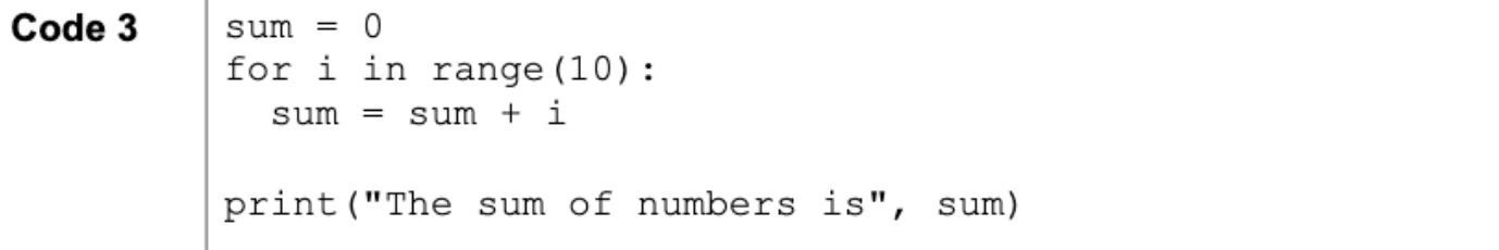 Solved Code 3 sum 0 for i in range (10): sum sum + i print | Chegg.com