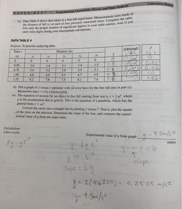 Solved (e) Data Table 4 shows data taken in a free-fall | Chegg.com