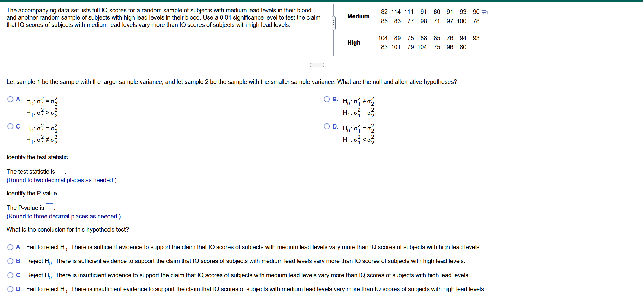 Solved The accompanying data set lists full IQ scores for a | Chegg.com