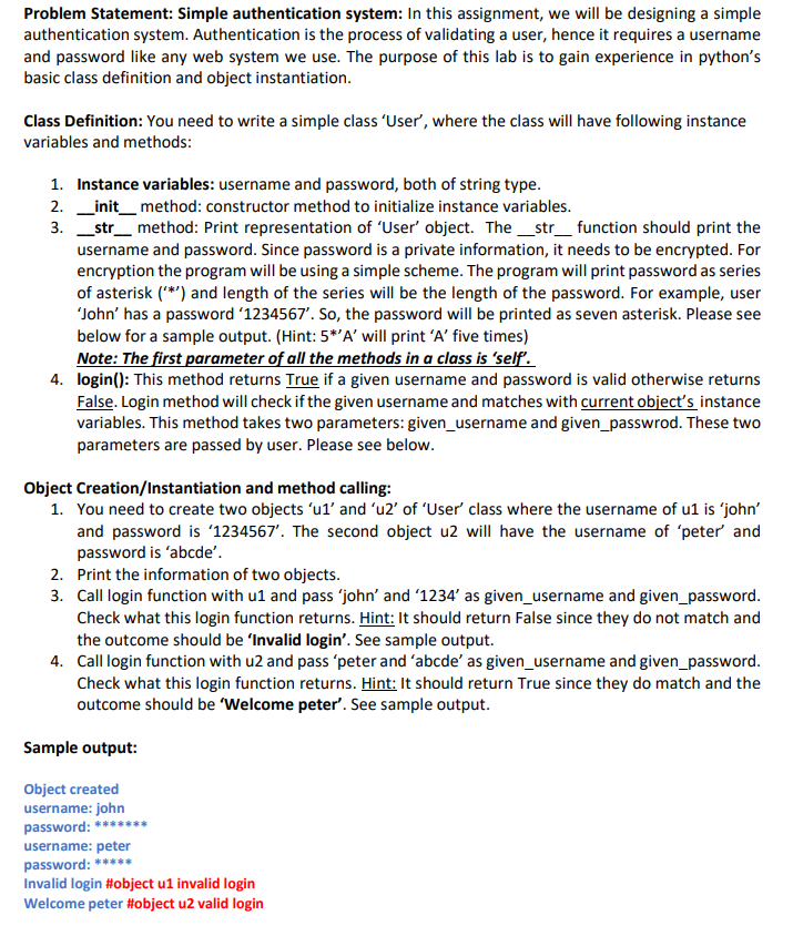 Solved Problem Statement: Simple authentication system: In | Chegg.com