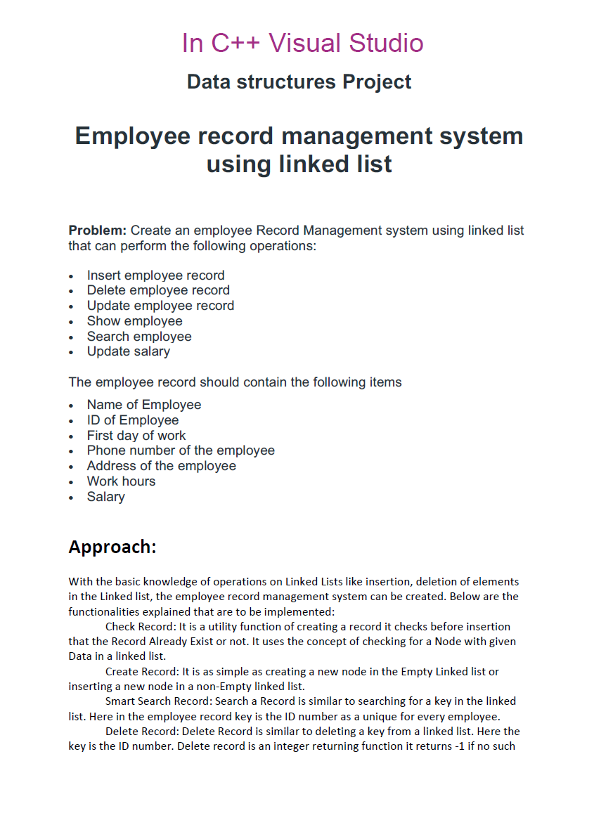 Solved In C++ Visual Studio Data structures Project Employee | Chegg.com