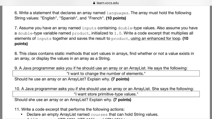 Solved learn.vccs.edu 6. Write a statement that declares an | Chegg.com