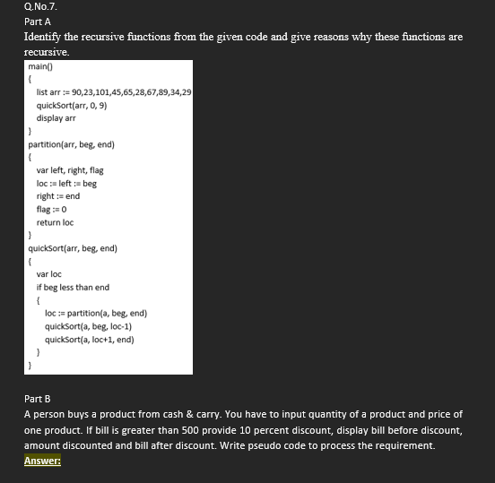 Solved Q.No.7. Part A Identify the recursive functions from | Chegg.com