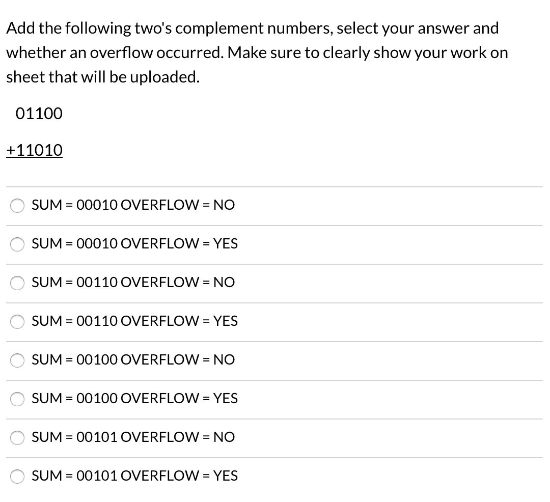Solved Add the following two's complement numbers, select | Chegg.com