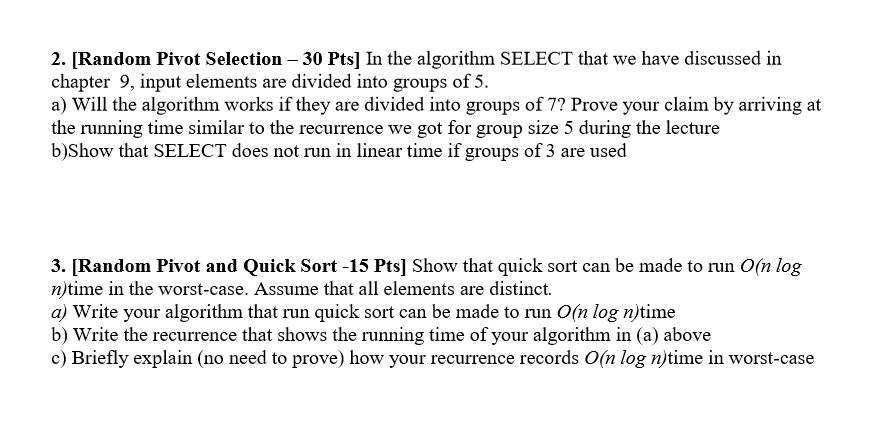 Solved 2 Random Pivot Selection 30 Pts In The Algorithm 7766