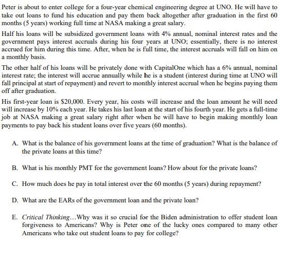 Solved Peter is about to enter college for a four-year | Chegg.com