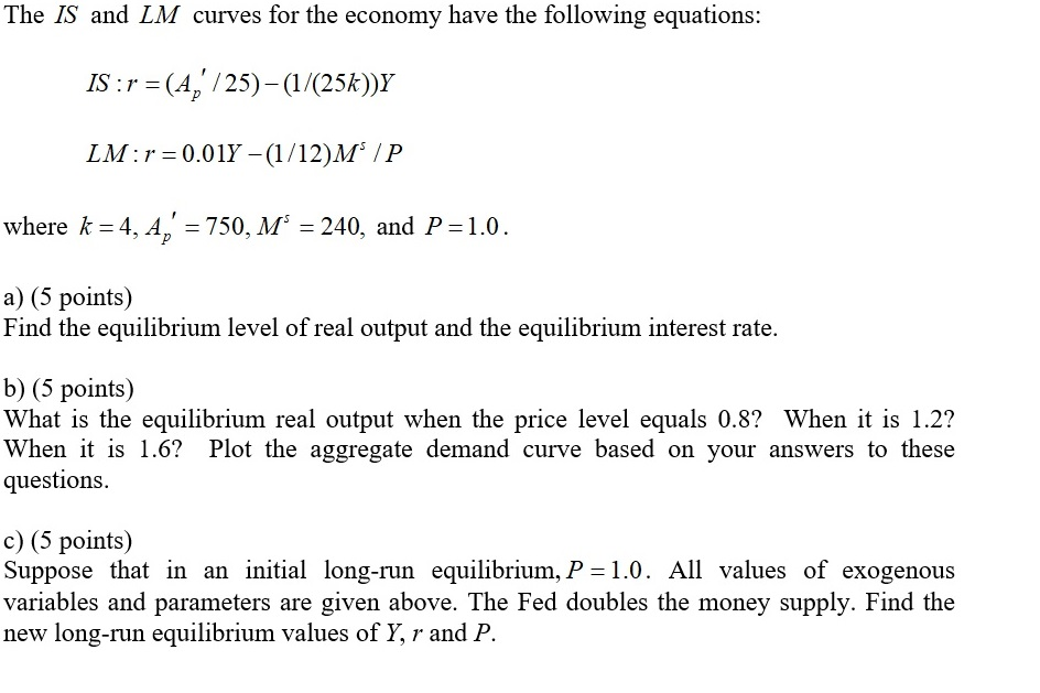 The IS and LM curves for the economy have the | Chegg.com
