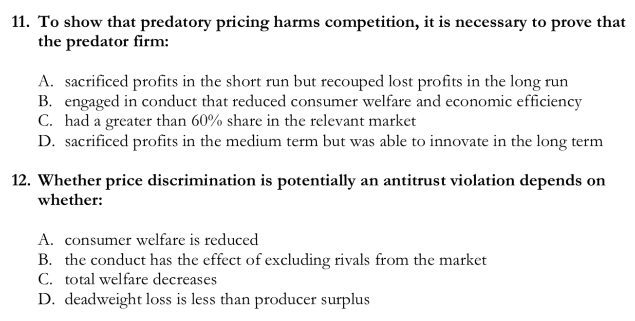 Solved 11. To show that predatory pricing harms competition, | Chegg.com