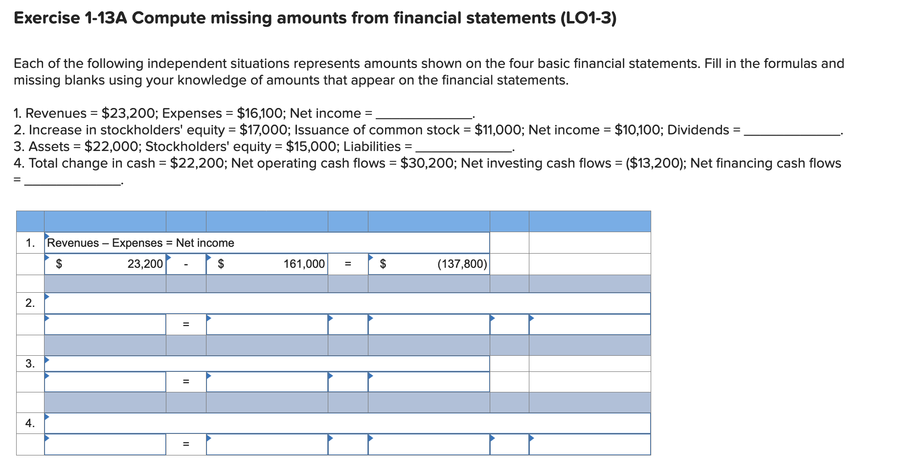 Solved Exercise 1-13A Compute missing amounts from financial | Chegg.com