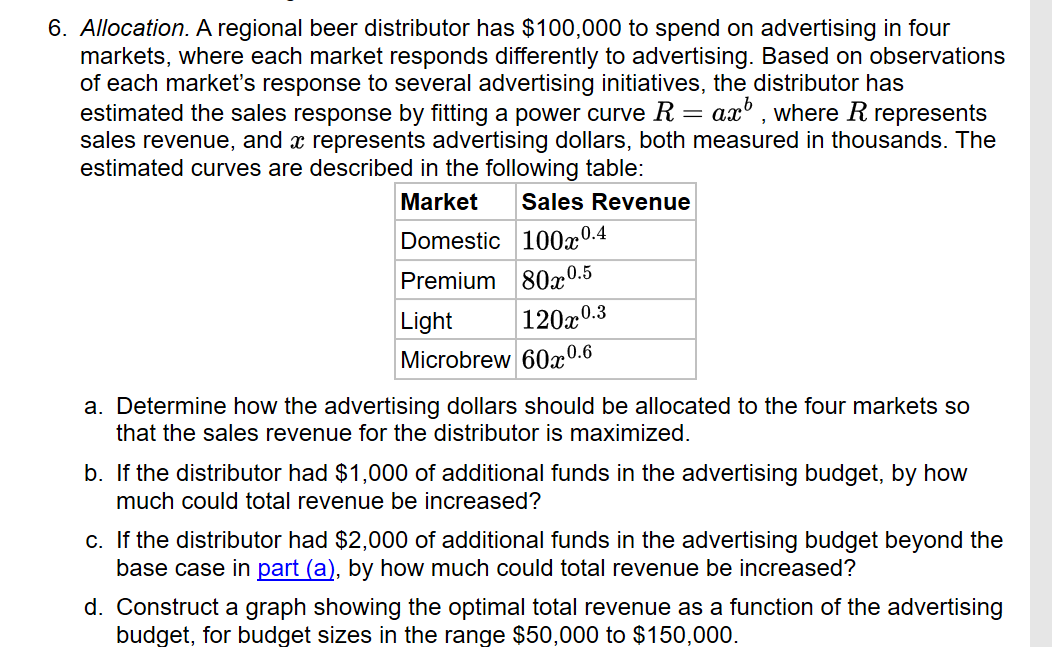 Solved Allocation. A regional beer distributor has $100,000 | Chegg.com