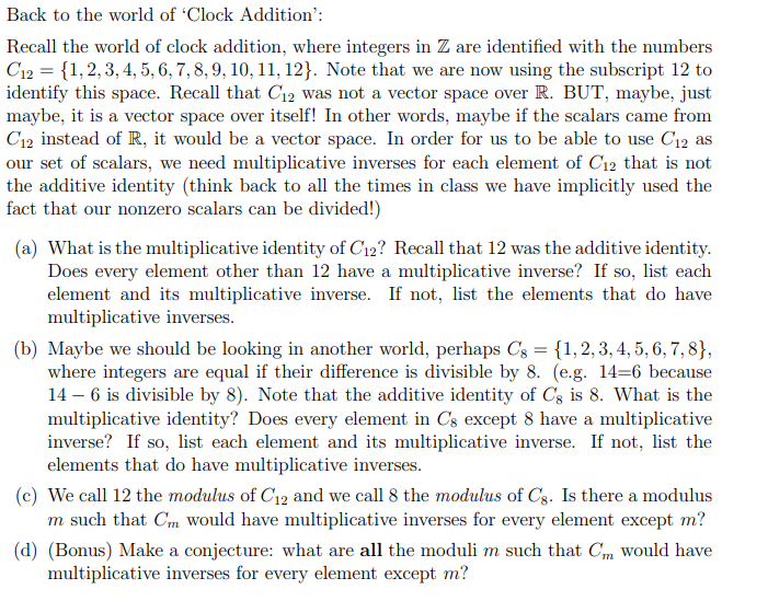 Solved Consider the world of 'Clock Addition": In this world | Chegg.com