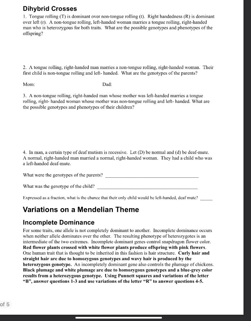 Solved Dihybrid Crosses 1 Tongue Rolling T Is Dominant