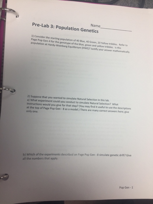 Name Pre-Lab 3: Population Genetics 1) Consider the | Chegg.com