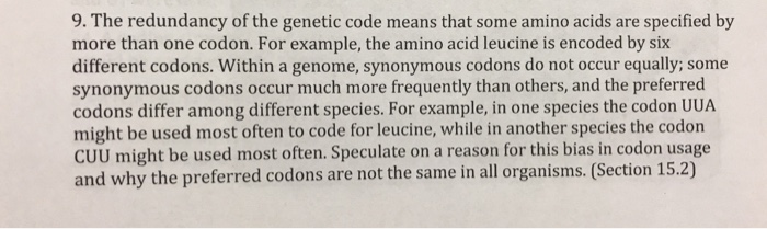 Solved 9. The redundancy of the genetic code means that some | Chegg.com