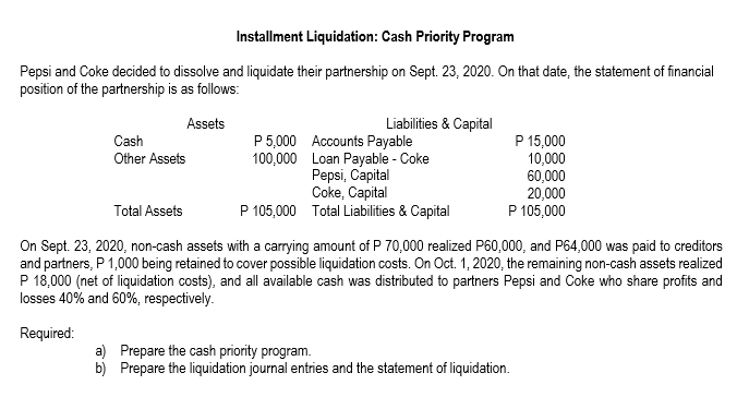 Solved Installment Liquidation: Cash Priority Program Pepsi | Chegg.com