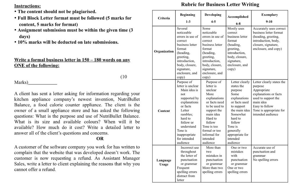 Solved Rubric for Business Letter Writing Beginning | Chegg.com
