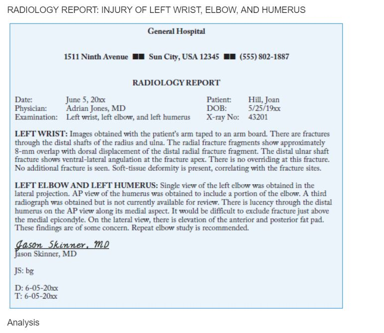 Solved RADIOLOGY REPORT: INJURY OF LEFT WRIST, ELBOW, AND | Chegg.com