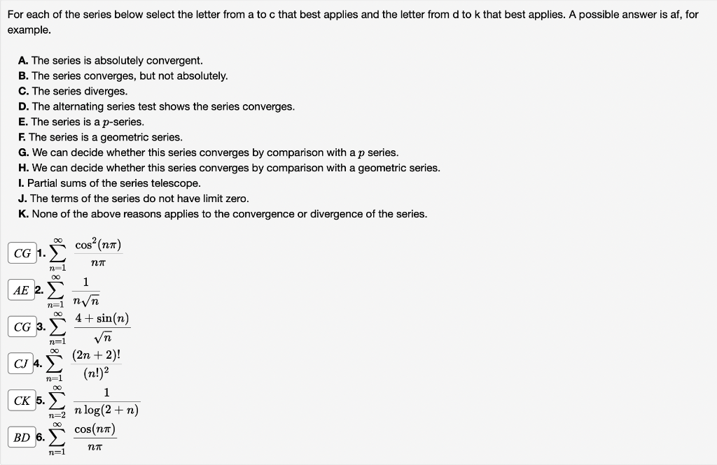 Solved For each of the series below select the letter from a | Chegg.com