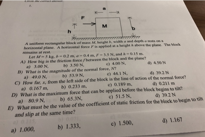 Solved A uniform rectangular block of mass M, height b, | Chegg.com