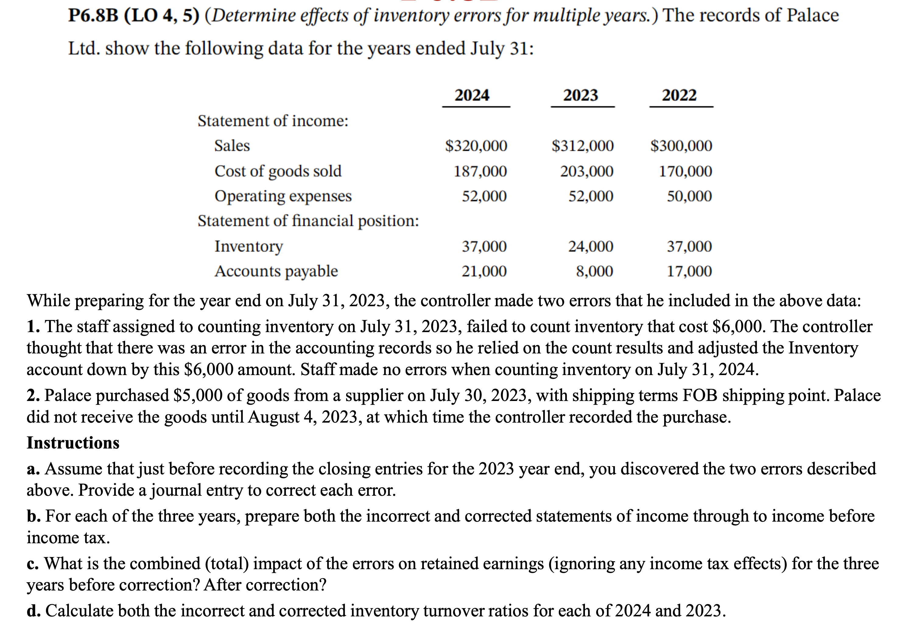 Solved P6.8B (LO 4, 5) (Determine effects of inventory | Chegg.com