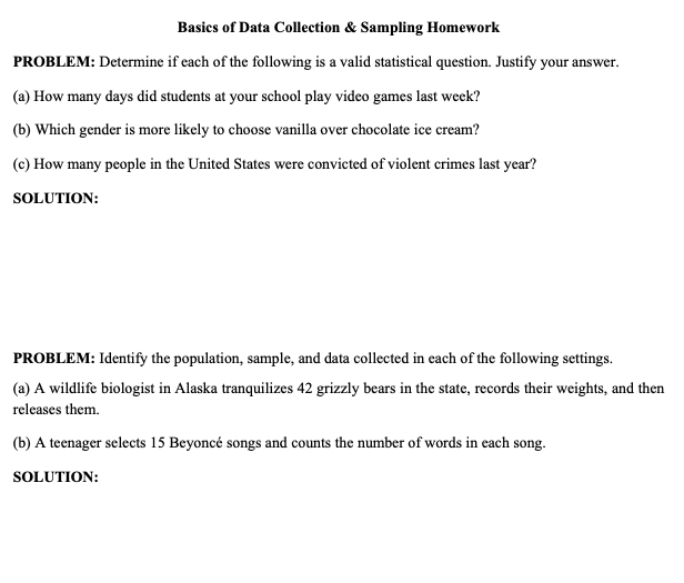 Basics of Data Collection & Sampling Homework | Chegg.com
