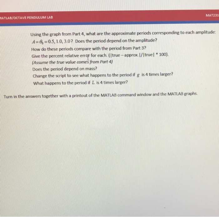 Solved MATLAB/OCTAVE PENDULUM LAB MAT2310/2330 PENDULUM LAB | Chegg.com