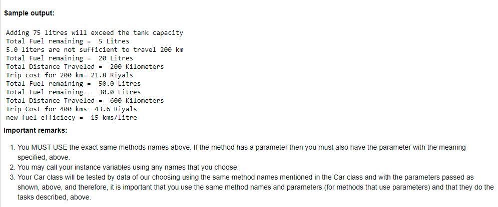 Solved 0.2 Question 1 (100 points) Implement a Car class | Chegg.com