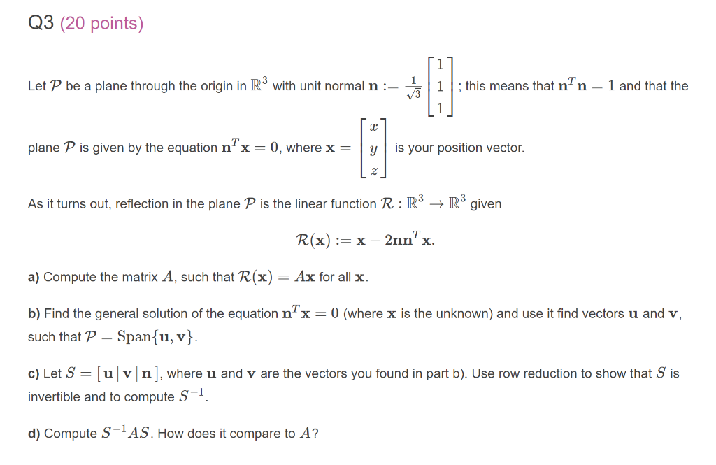Solved Q3 (20 points) 1 Let P be a plane through the origin | Chegg.com
