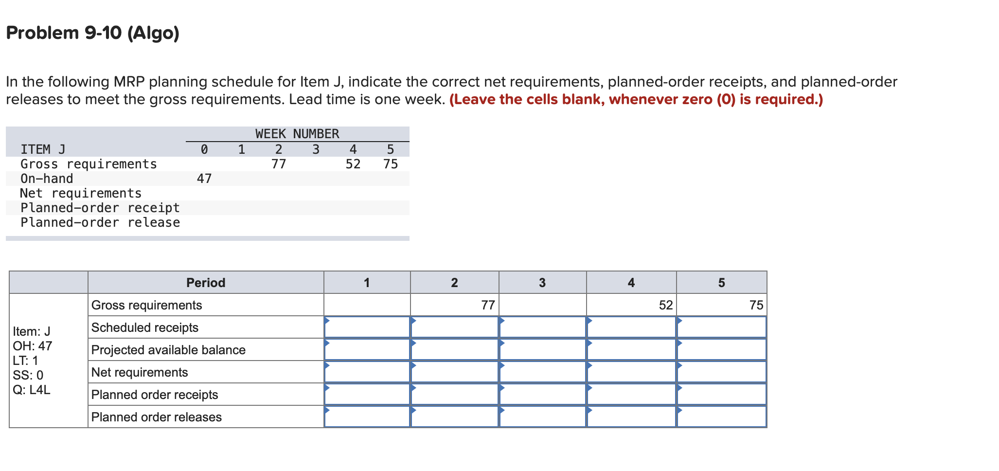 Solved Problem 9-10 (Algo) In the following MRP planning | Chegg.com