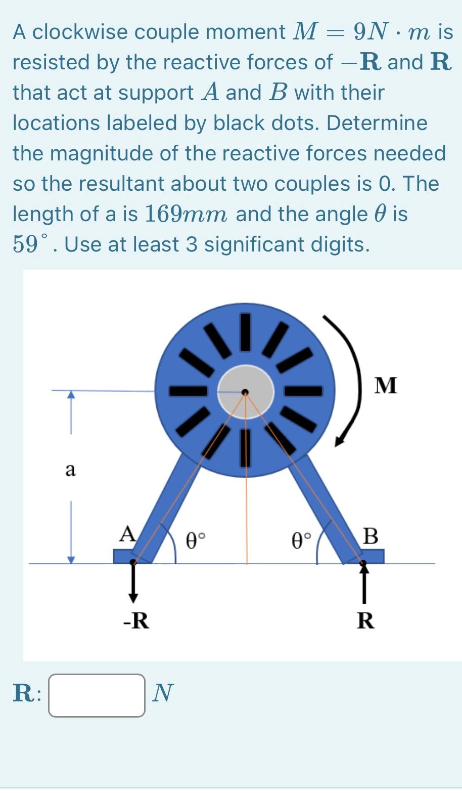 Solved A clockwise couple moment M=9N⋅m is resisted by the | Chegg.com